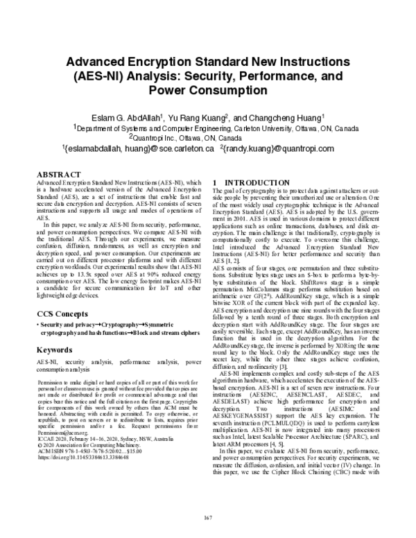 Pdf Advanced Encryption Standard New Instructions Aes Ni Analysis Security Performance