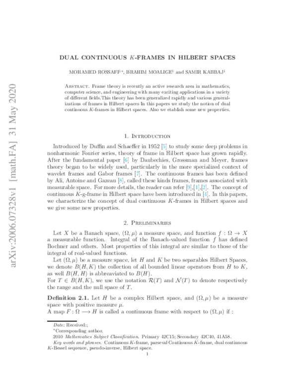 (PDF) Dual continuous k-frames in Hilbert spaces