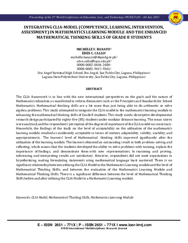 (PDF) Integrating Clia-Model (Competence, Learning, Intervention, Assessment) in Mathematics ...