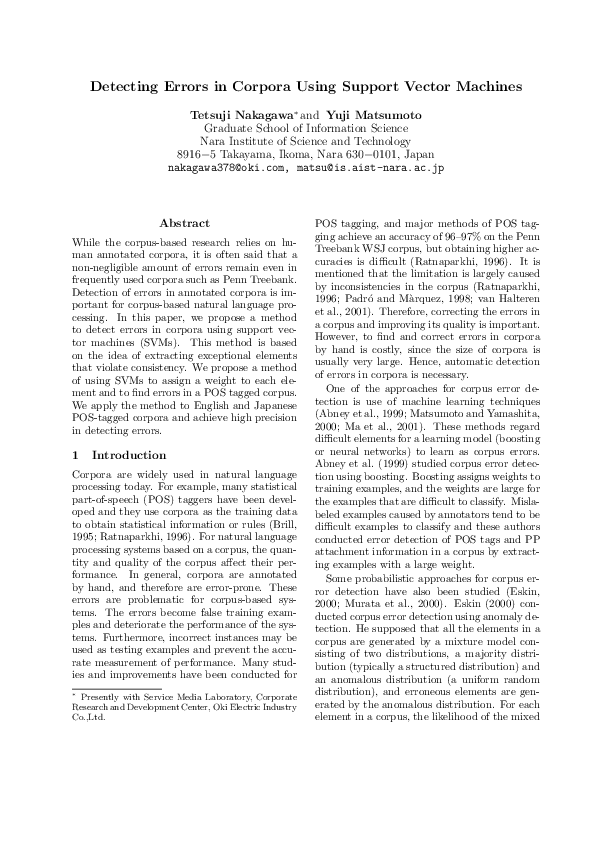 Pdf Detecting Errors In Corpora Using Support Vector Machines