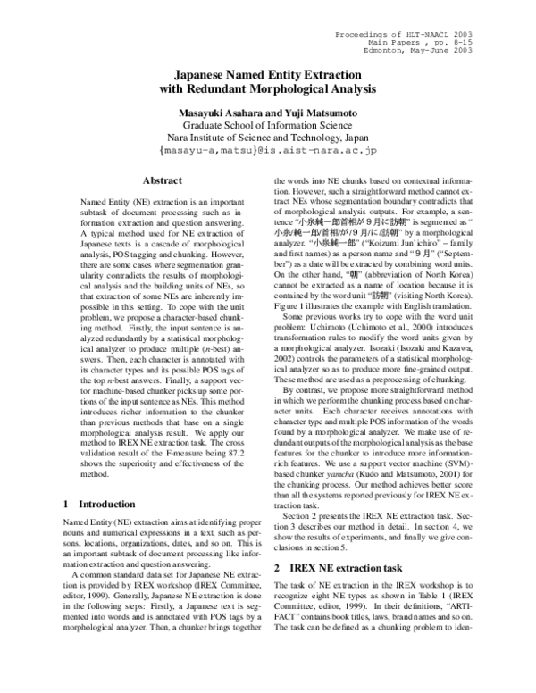 (PDF) Japanese Named Entity extraction with redundant morphological analysis