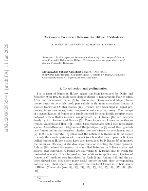 (PDF) Continuous controlled K-frame for Hilbert C∗-modules