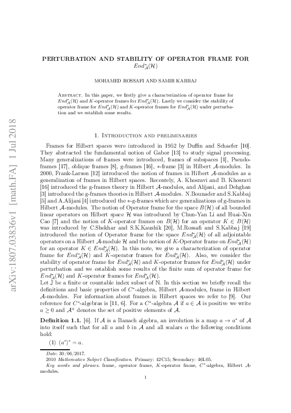 (PDF) PERTURBATION AND STABILITY OF OPERATOR FRAME FOR End A(H)