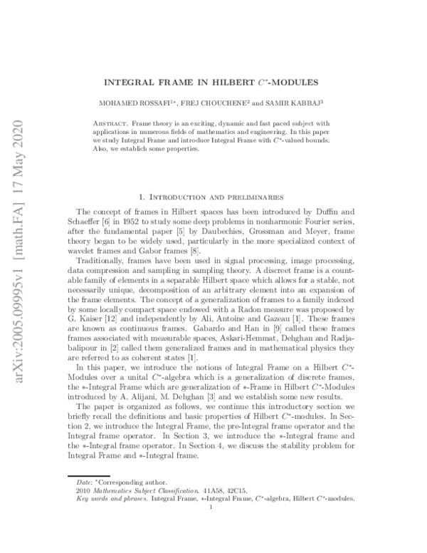 (PDF) Integral Frame in Hilbert $C^{\ast}$-Modules