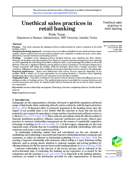 (PDF) Unethical sales practices in retail banking