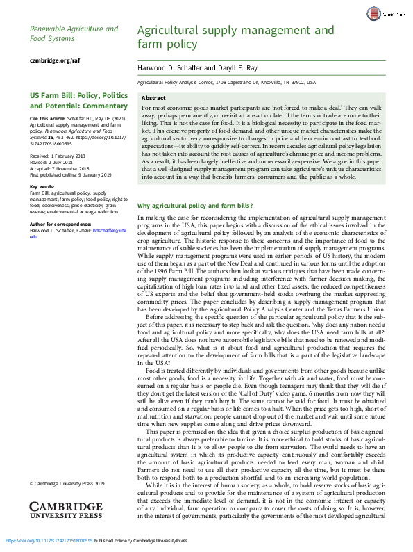 (PDF) Agricultural supply management and farm policy