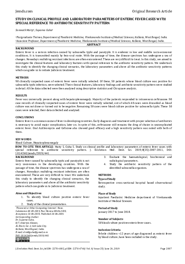 (PDF) Study on Clinical Profile and Laboratory Parameters of Enteric ...