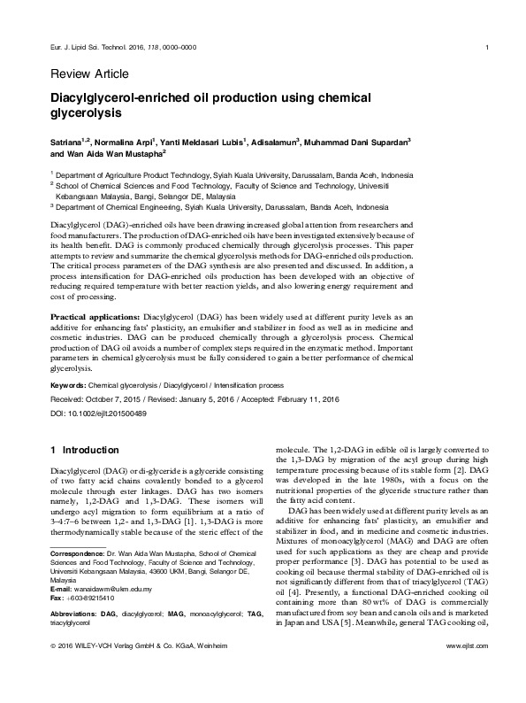 (PDF) Diacylglycerol‐enriched oil production using chemical glycerolysis