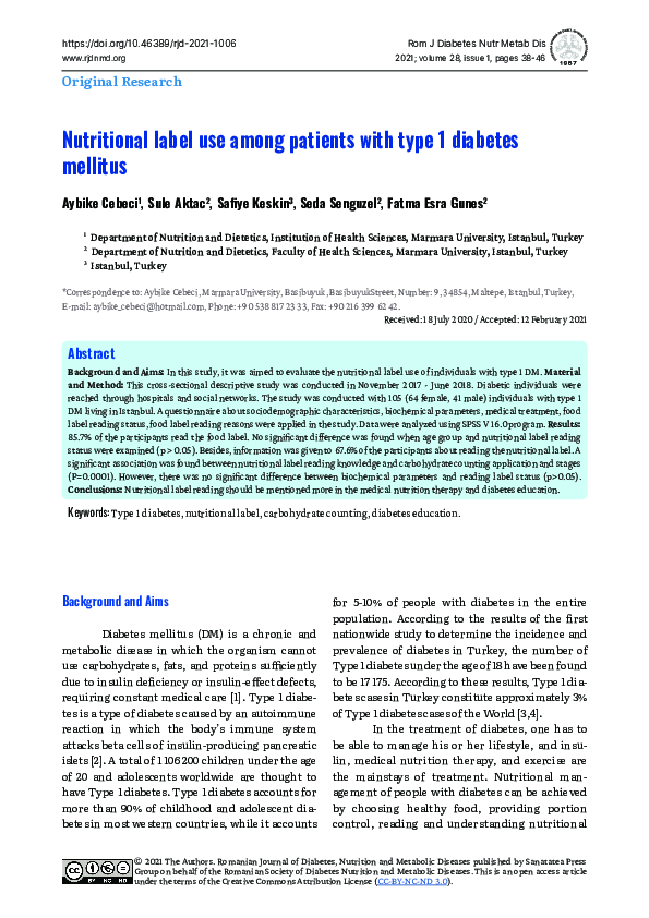 (PDF) Nutritional label use amongpatients with type1 diabetes mellitus