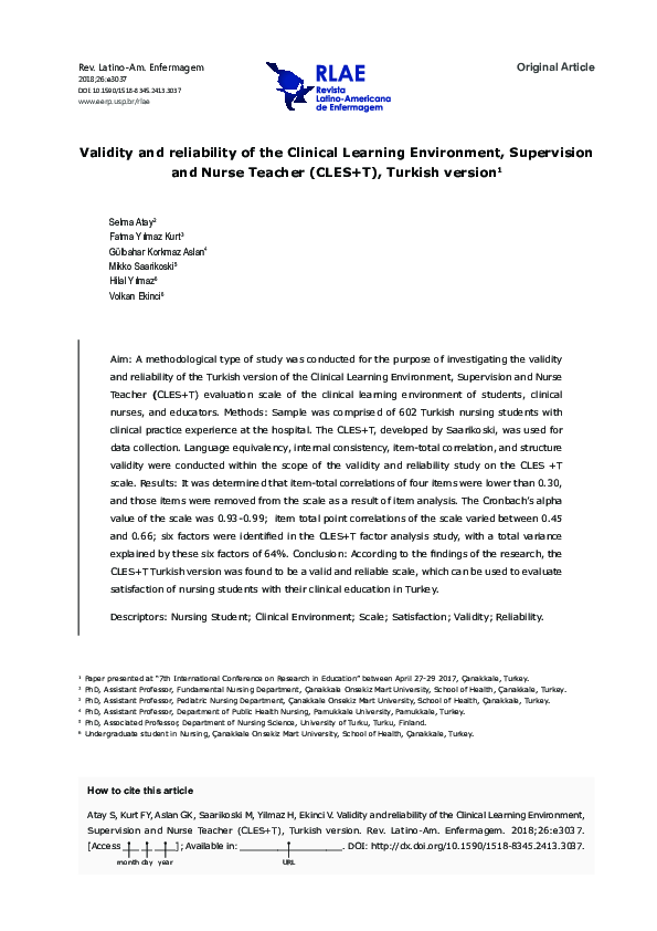 (PDF) Validity and reliability of the Clinical Learning Environment, Supervision and Nurse ...