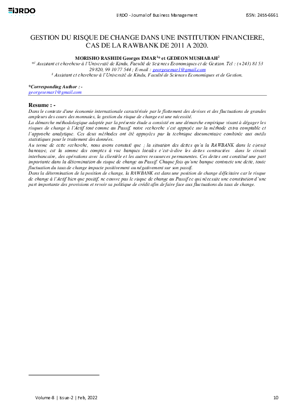 (PDF) Gestion Du Risque De Change Dans Une Institution Financiere, Cas De La Rawbank De 2011 a 2020