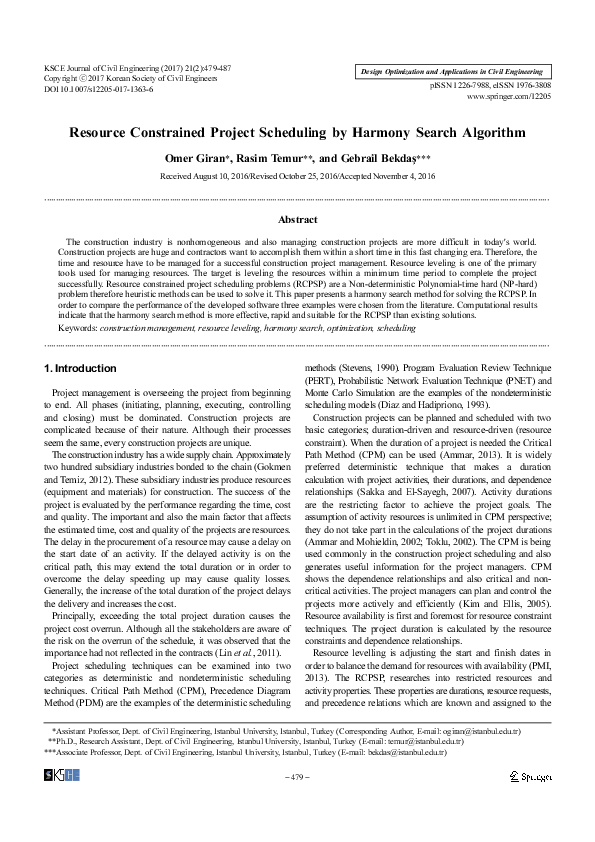 (PDF) Resource constrained project scheduling by harmony search algorithm