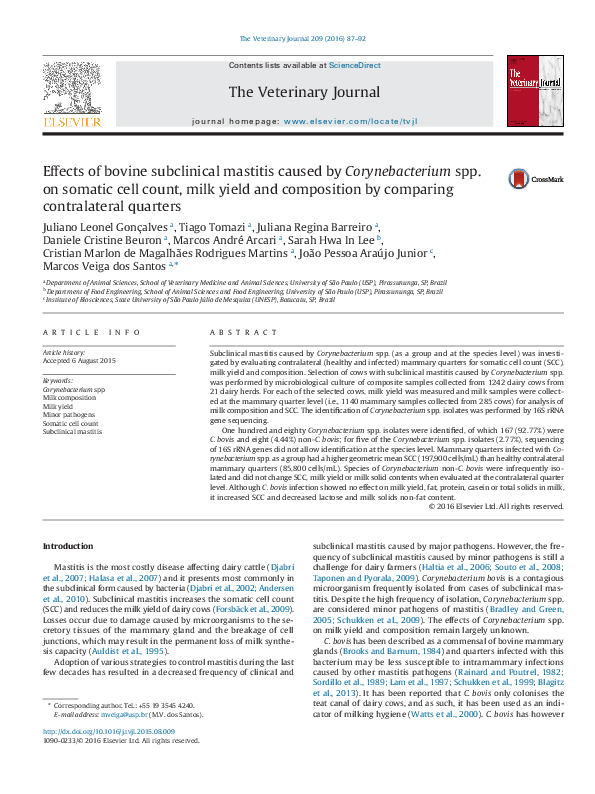 (PDF) Effects of bovine subclinical mastitis caused by Corynebacterium ...