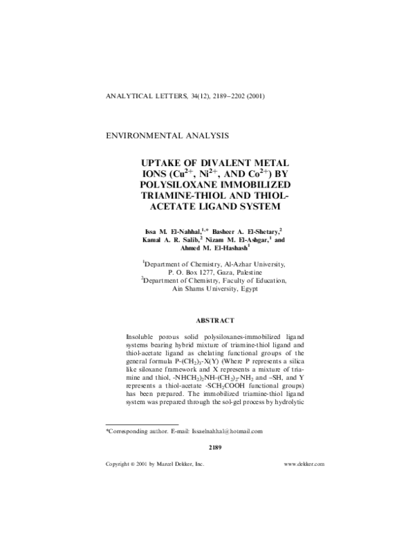(PDF) Uptake of Divalent Metal Ions (CU2+, NI2+, and CO2+) by Polysiloxane Immobilized Triamine ...