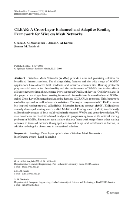 Pdf Clear A Cross Layer Enhanced And Adaptive Routing Framework For Wireless Mesh Networks