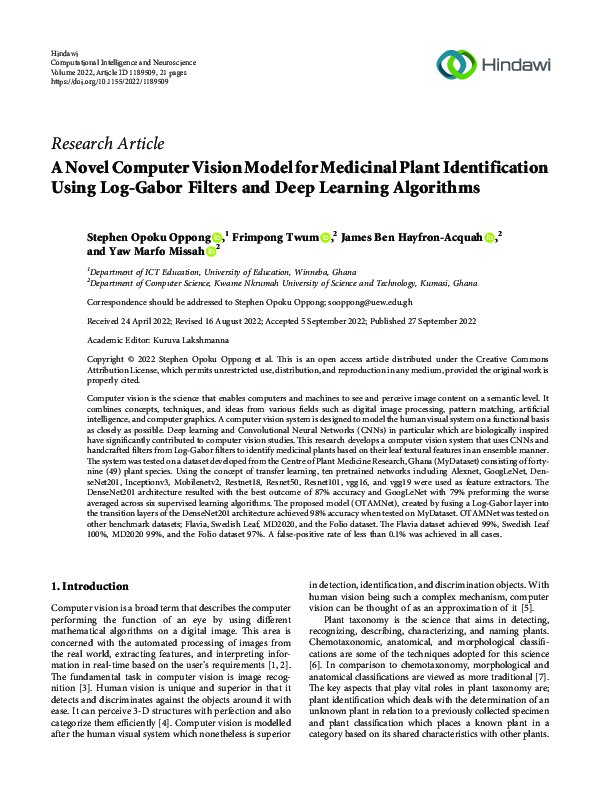 A Novel Computer Vision Model for Medicinal Plant Identification Using ...