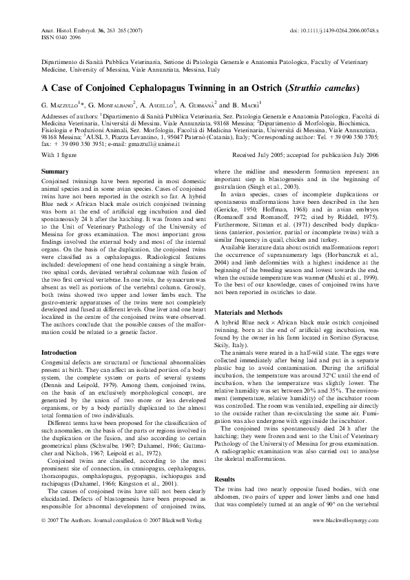 (PDF) A Case of Conjoined Cephalopagus Twinning in an Ostrich (Struthio ...