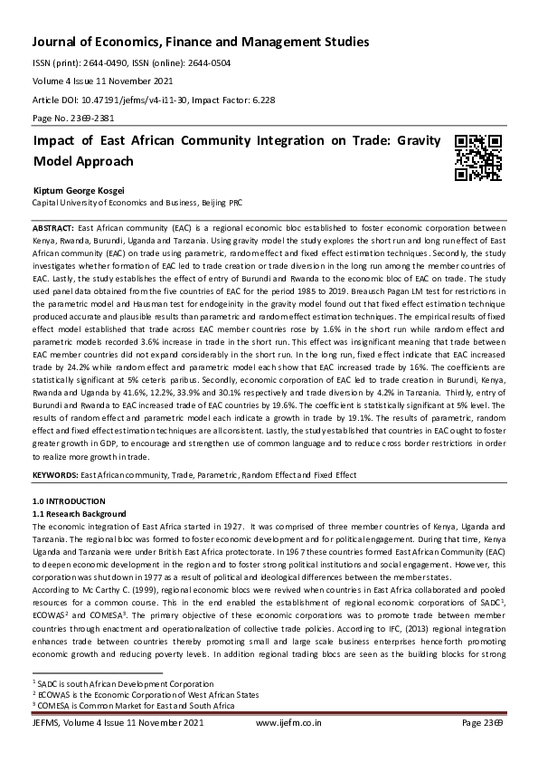 (PDF) Impact of East African Community Integration on Trade: Gravity Model Approach