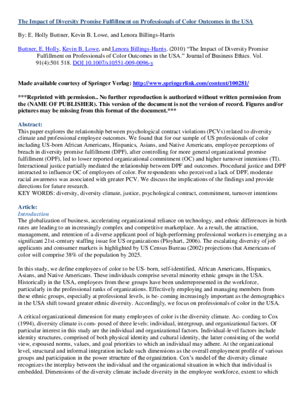 (PDF) The Impact of Diversity Promise Fulfillment on Professionals of ...