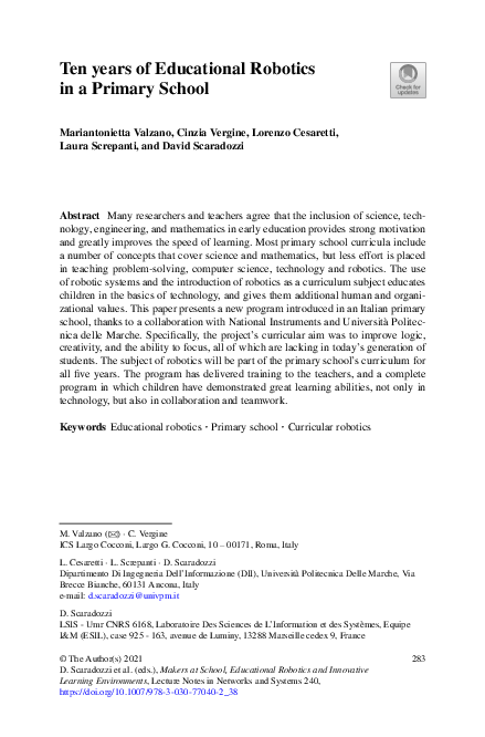 (PDF) Ten years of Educational Robotics in a Primary School