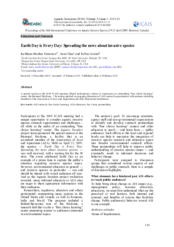 (PDF) Earth Day is Every Day: Spreading the news about invasive species