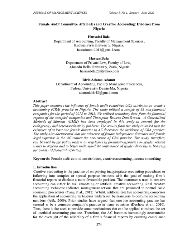 (PDF) Female Audit Committee Attributes and Creative Accounting ...