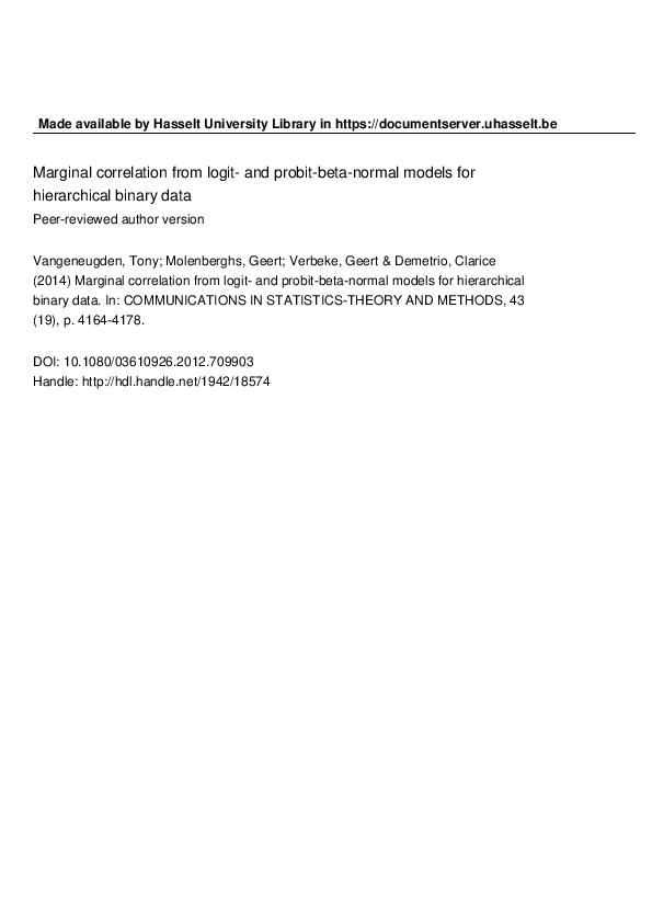 Pdf Marginal Correlation From Logit And Probit Beta Normal Models For Hierarchical Binary Data