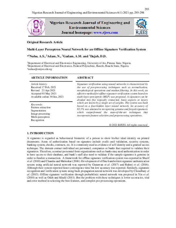 Pdf Multi Layer Perceptron Neural Network For An Offline Signature