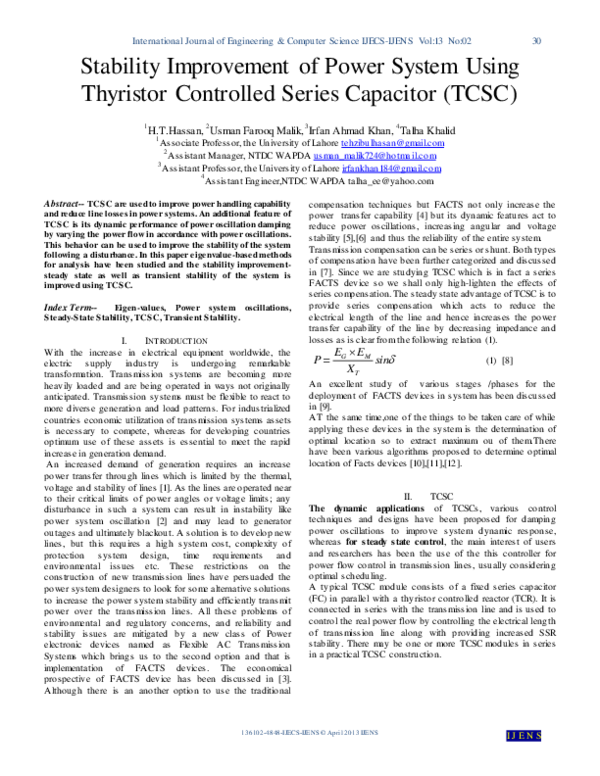 (PDF) Stability Improvement of Power System Using Thyristor Controlled Series Capacitor ( TCSC )