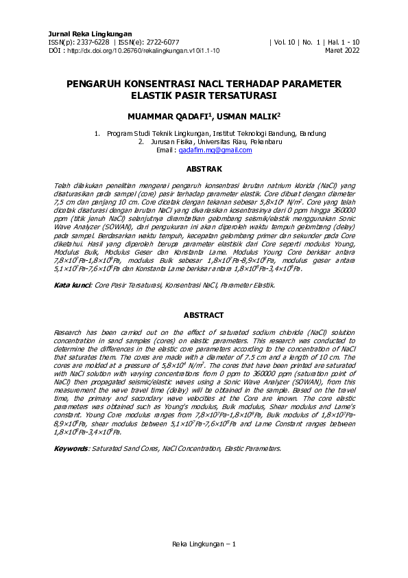 (PDF) Pengaruh Konsentrasi NaCl terhadap Parameter Elastik Pasir Tersaturasi