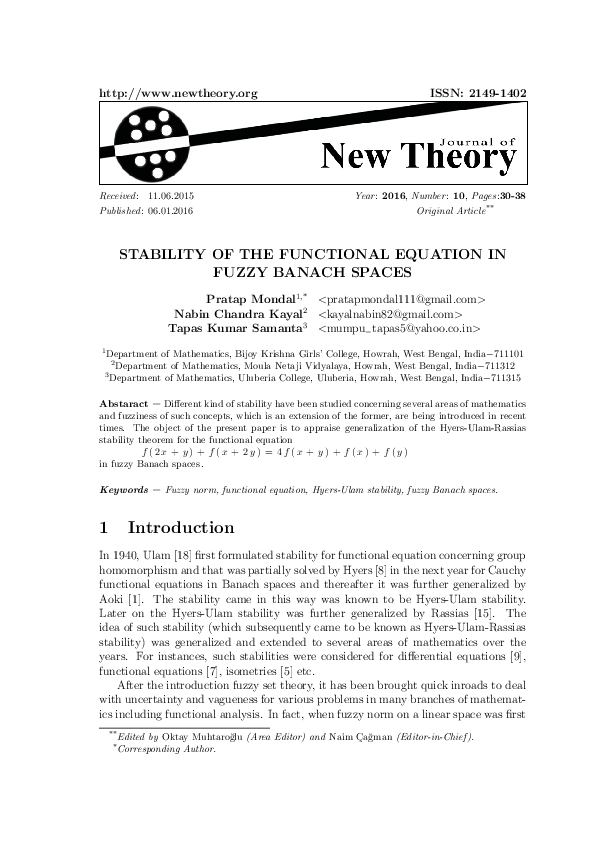 (PDF) Stability of the Functional Equation in Fuzzy Banach Spaces