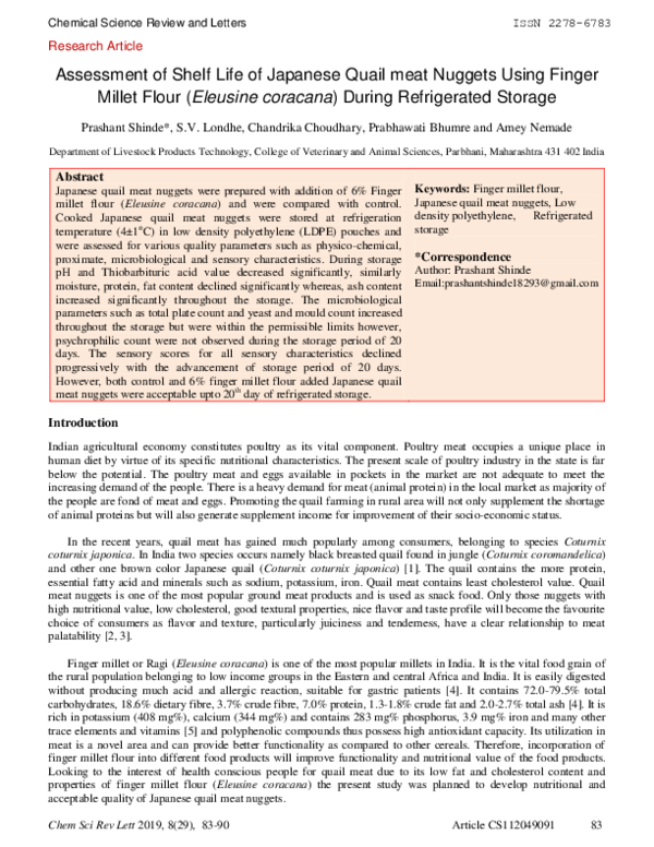 (PDF) Assessment of Shelf Life of Japanese Quail meat Nuggets Using ...