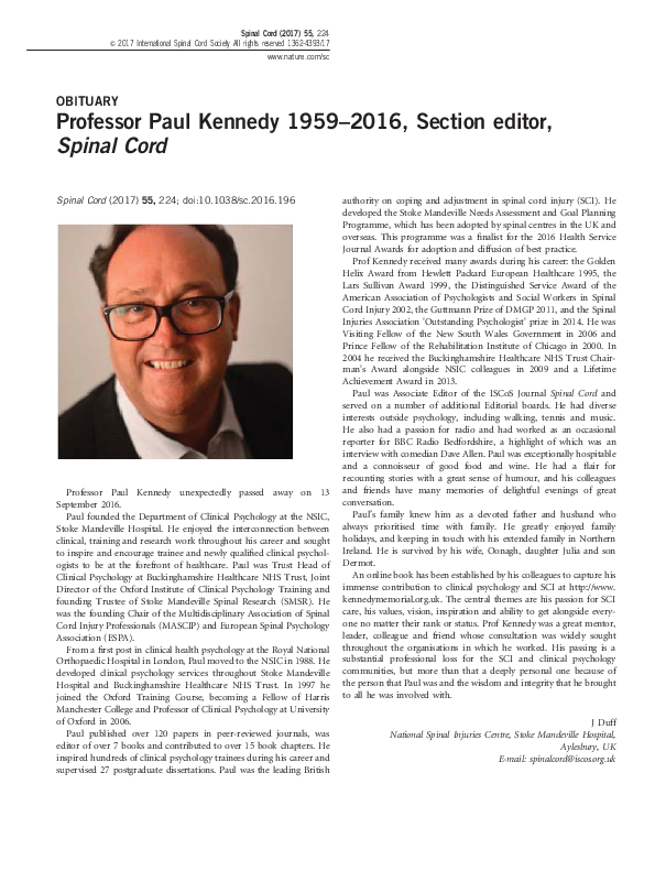 (PDF) Professor Paul Kennedy 1959–2016, Section editor, Spinal Cord