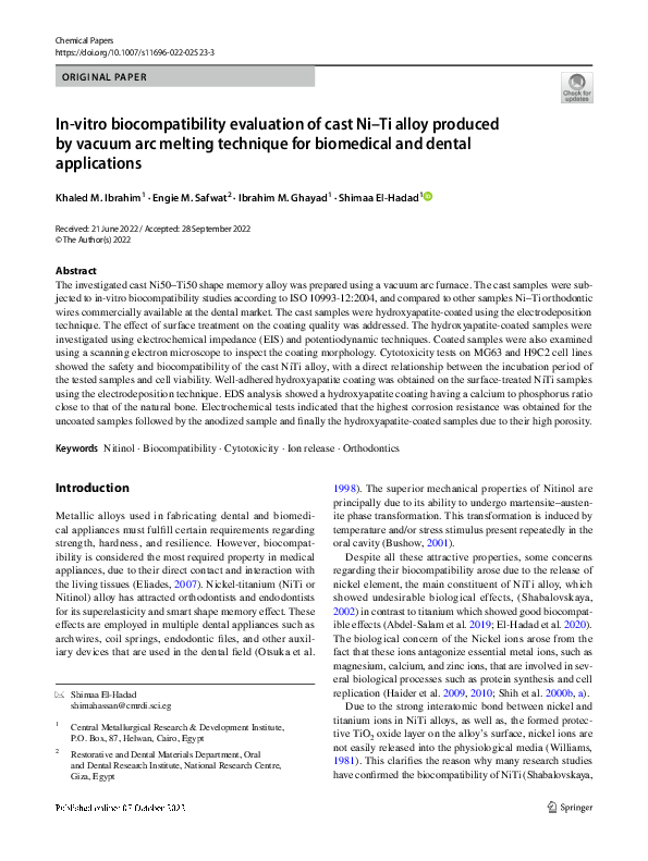 (PDF) In-vitro biocompatibility evaluation of cast Ni–Ti alloy produced by vacuum arc melting ...