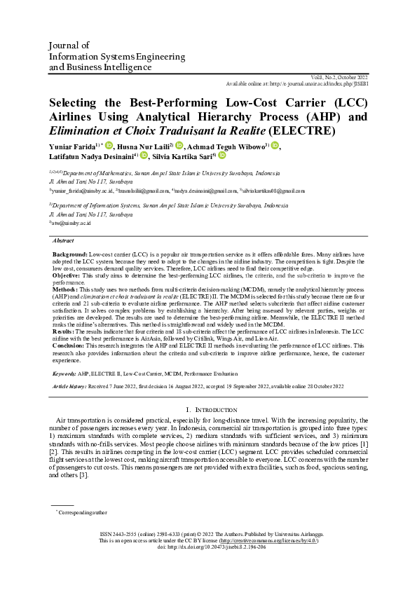 (PDF) Selecting the Best-Performing Low-Cost Carrier (LCC) Airlines Using Analytical Hierarchy ...