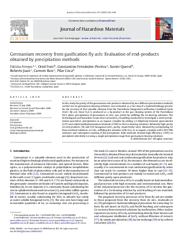 (PDF) Germanium recovery from gasification fly ash: Evaluation of end ...