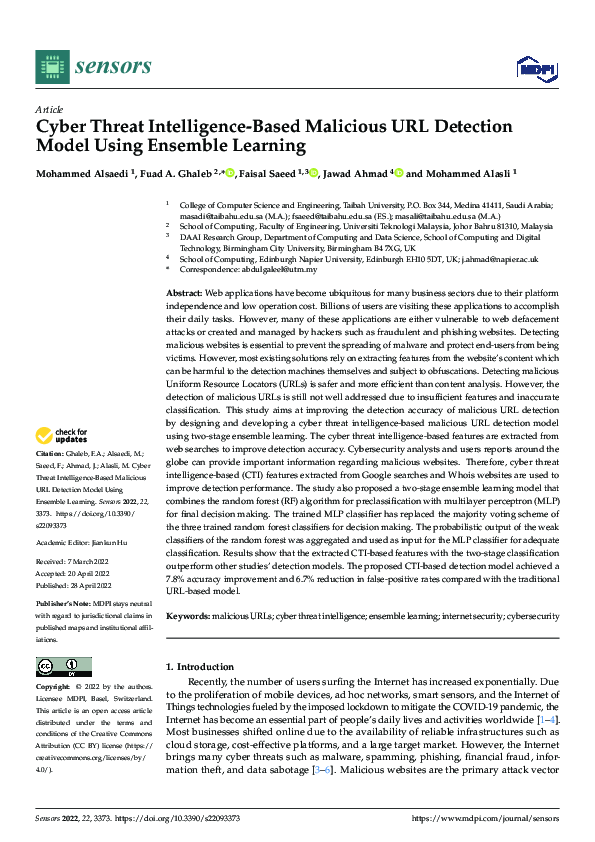 Pdf Cyber Threat Intelligence Based Malicious Url Detection Model Using Ensemble Learning