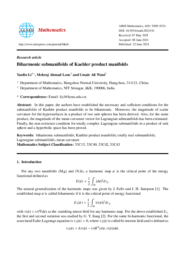 (PDF) Biharmonic submanifolds of Kaehler product manifolds