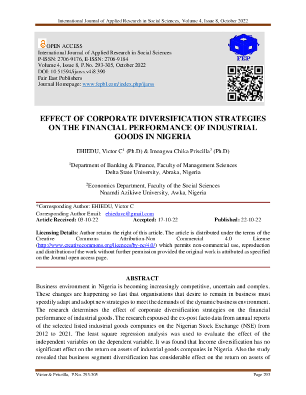 (PDF) Effect of Corporate Diversification Strategies on the Financial Performance of Industrial ...