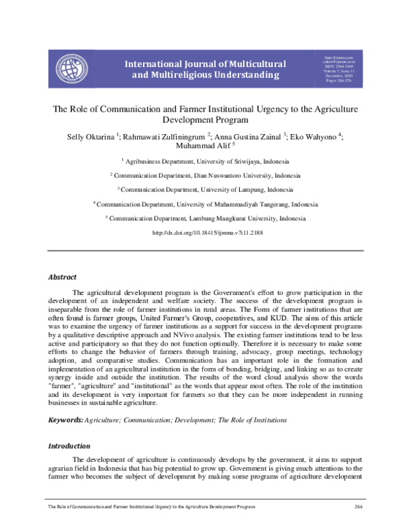 (PDF) The Role of Communication and Farmer Institutional Urgency to the ...