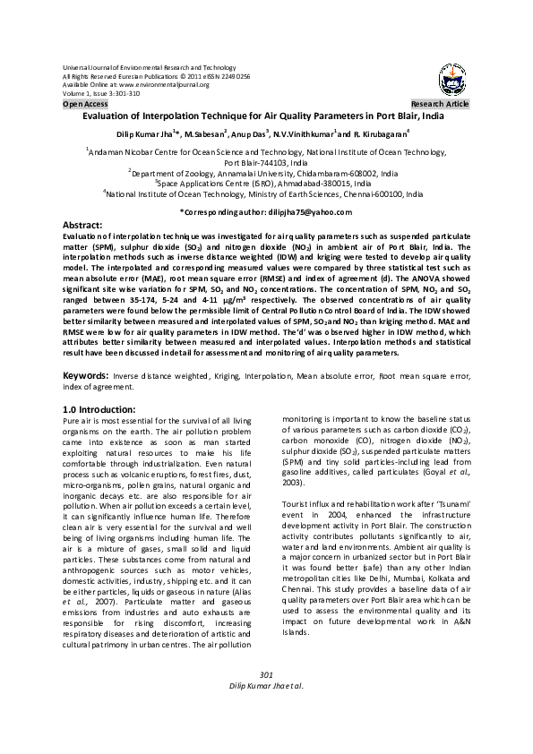 (PDF) Evaluation of Interpolation Technique for Air Quality Parameters in Port Blair, India