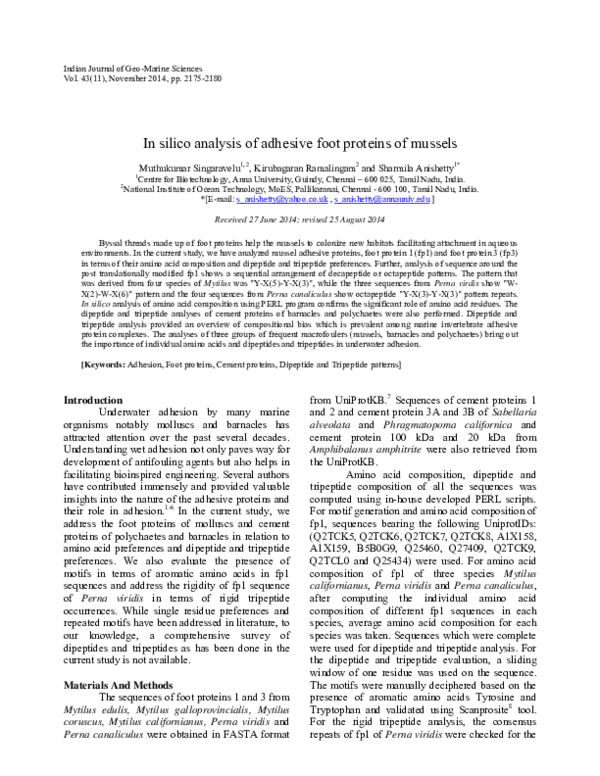 (PDF) In silico analysis of adhesive foot proteins of mussels