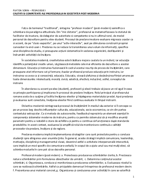 (DOC) Calitati ale profesorului post-modern