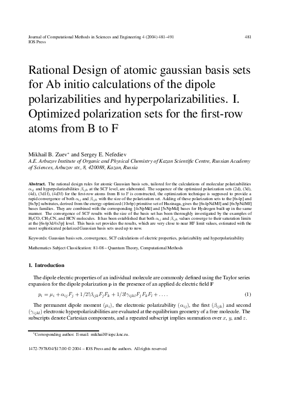(PDF) Rational Design of atomic gaussian basis sets for Ab initio calculations of the dipole ...