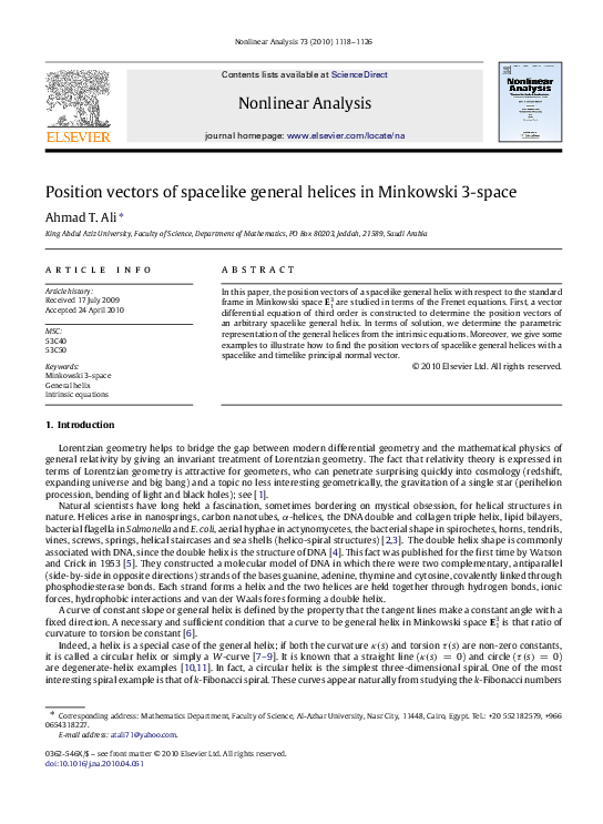 (PDF) Position vectors of spacelike general helices in Minkowski 3-space
