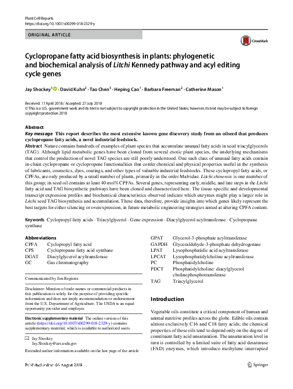 (PDF) Cyclopropane fatty acid biosynthesis in plants: phylogenetic and ...