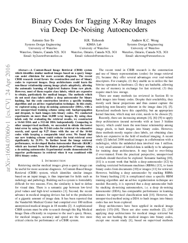 (PDF) Binary codes for tagging x-ray images via deep de-noising autoencoders