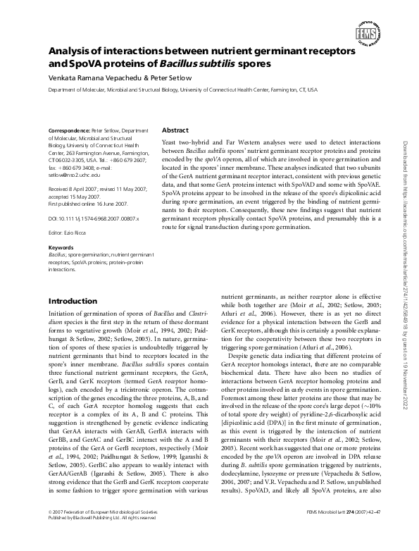 (PDF) Analysis of interactions between nutrient germinant receptors and ...