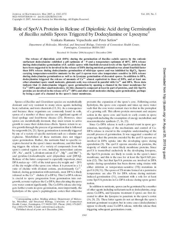 (PDF) Role of SpoVA Proteins in Release of Dipicolinic Acid during ...