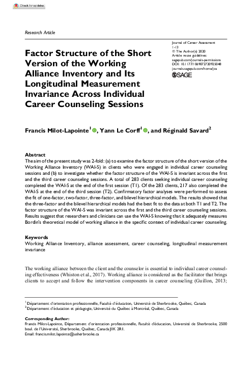 (PDF) Factor Structure of the Short Version of the Working Alliance ...